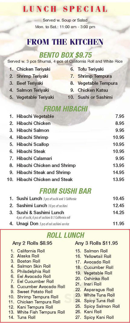 Menu - Medina OH's Tokyo - Hibachi & Sushi | Sirved