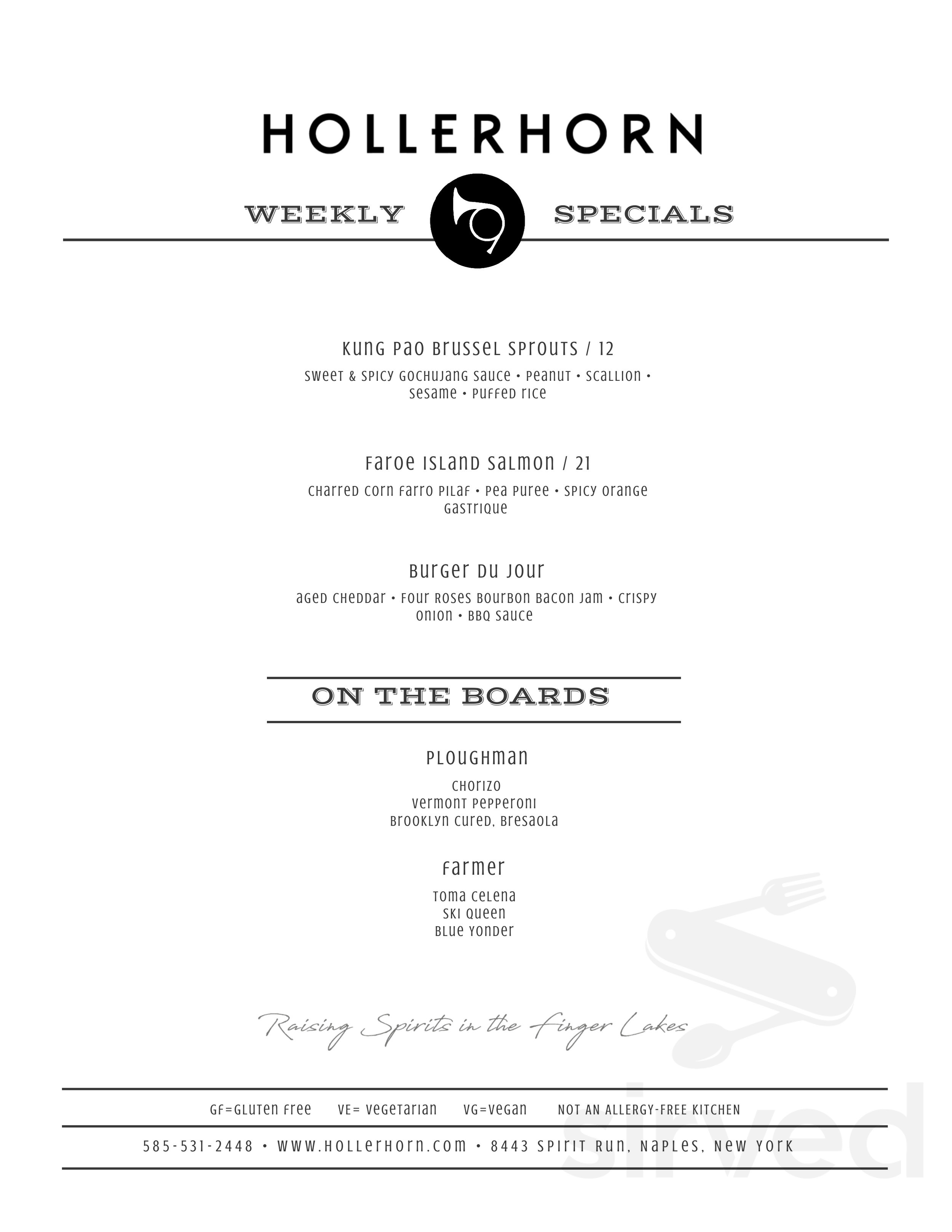 Hollerhorn Distilling menu in Naples, New York, USA