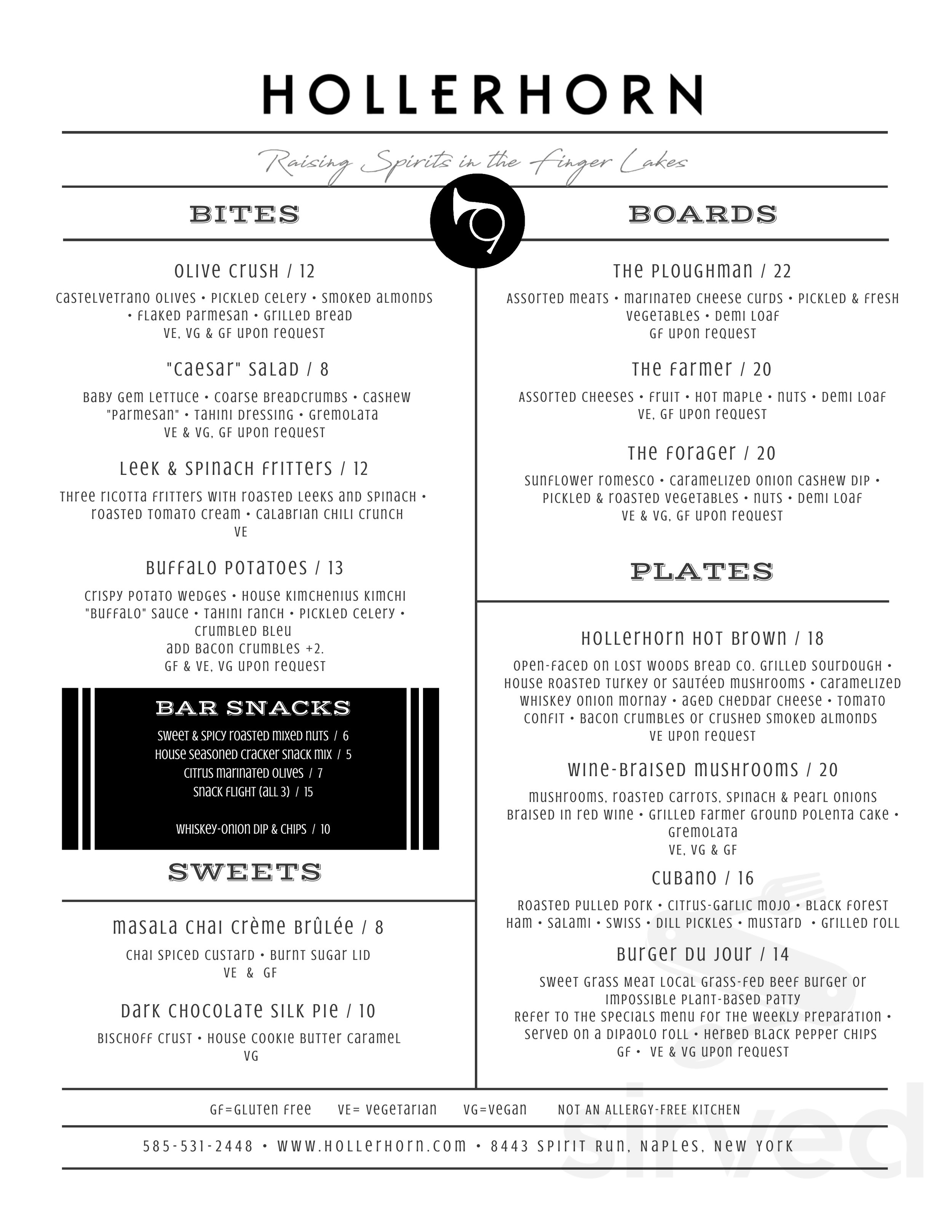 Hollerhorn Distilling menu in Naples, New York, USA