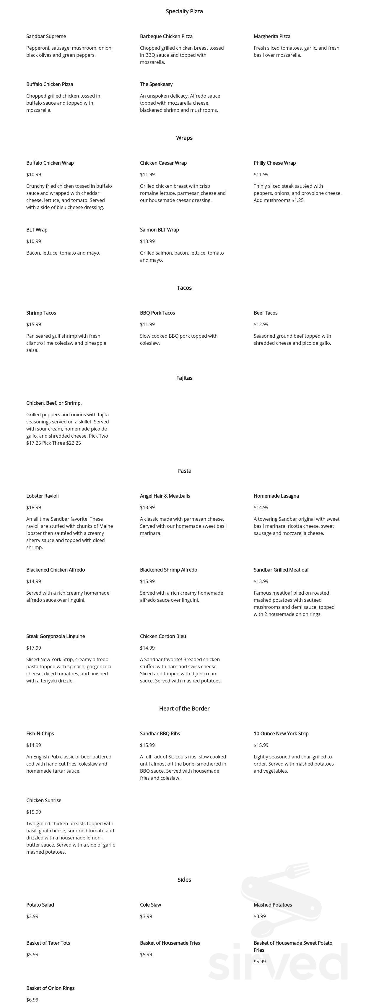 The Sandbar & Grille menu in Fort Myers, Florida, USA