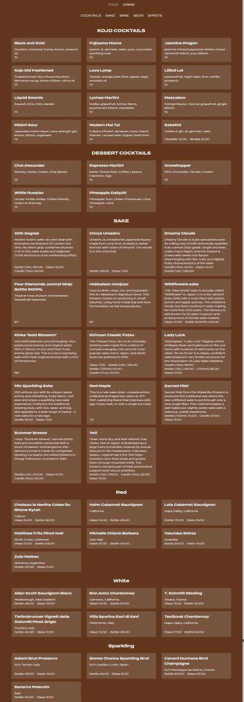 KOJO menu in Sarasota, Florida, USA