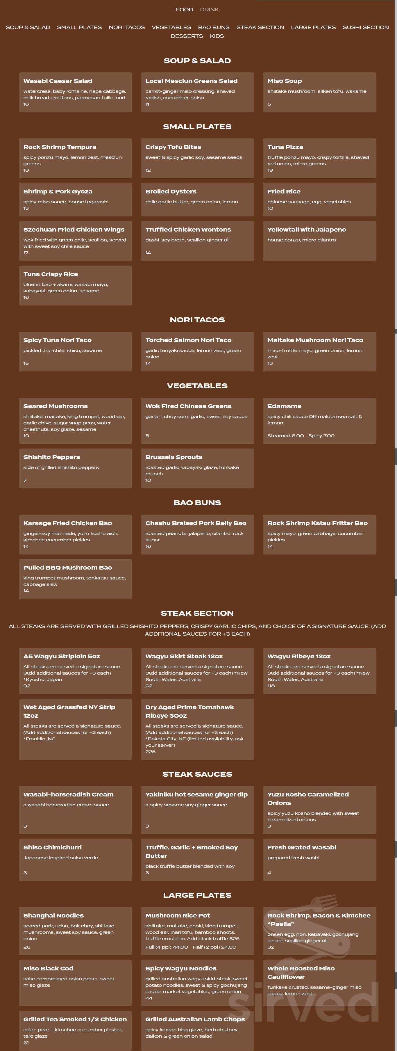 KOJO menu in Sarasota, Florida, USA