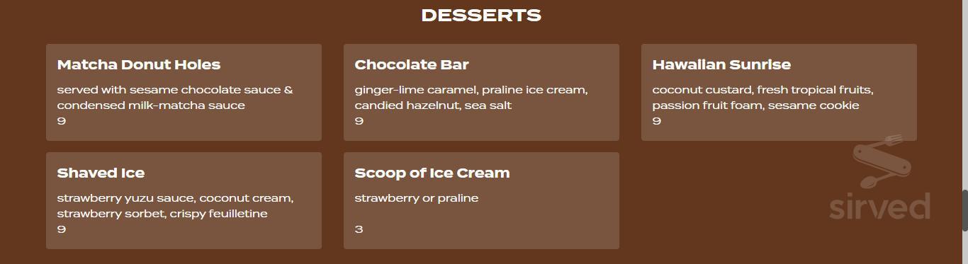 KOJO menu in Sarasota, Florida, USA