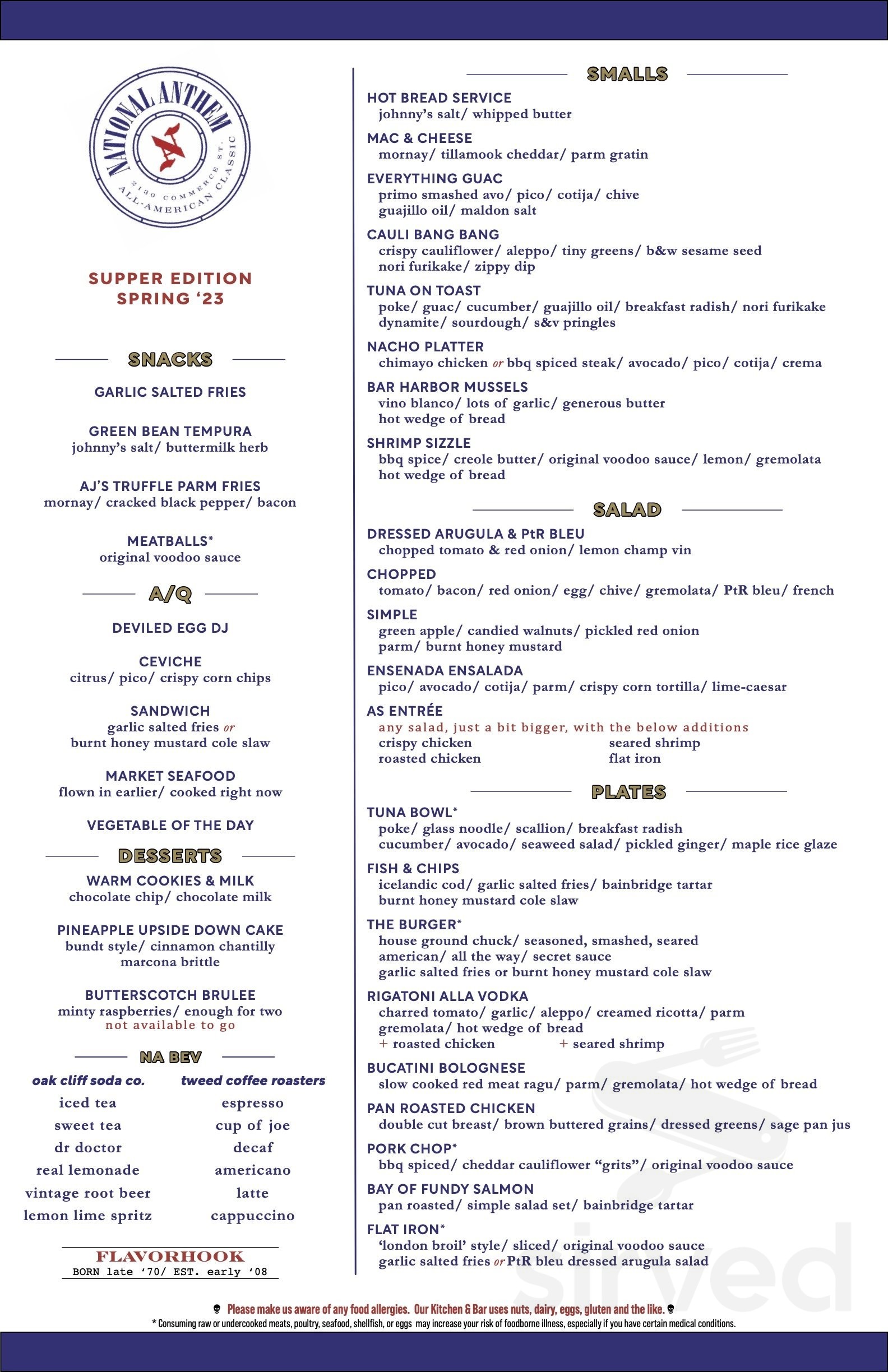 National Anthem menu in Dallas, Texas, USA