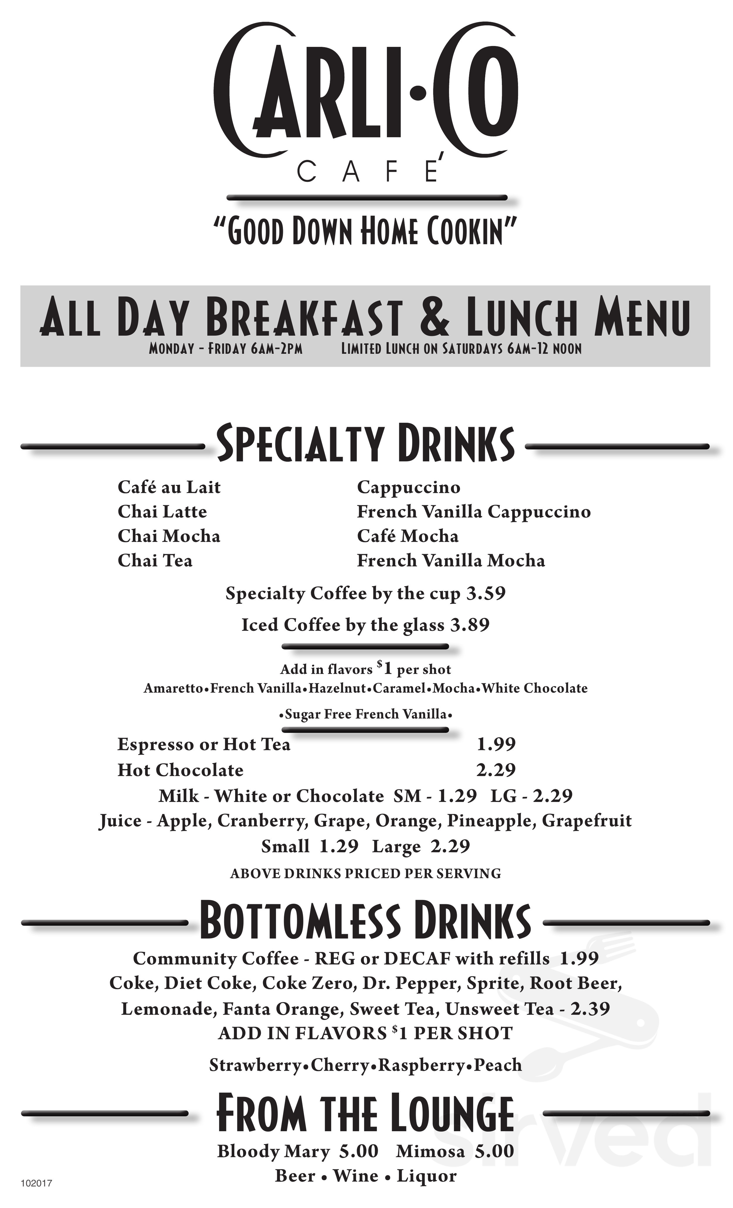 Carli Co Cafe Menu In Gonzales Louisiana USA