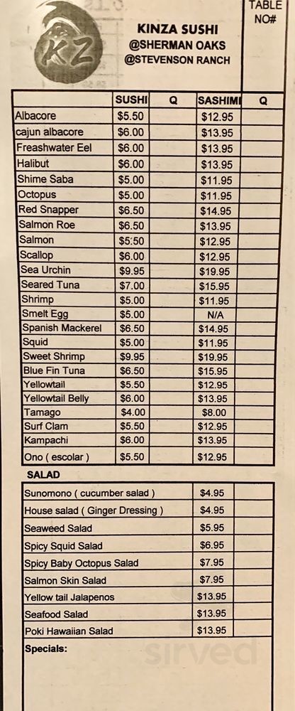 Menu - Stevenson Ranch CA's Kinza Sushi and Asian Izakaya | Sirved