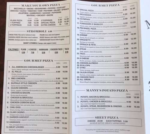 Manny's Pizza Plus menu in Norwich, Connecticut, USA