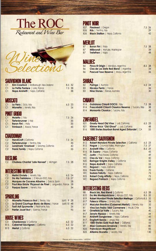 Salute Special Events/ The Roc Restaurant & Wine Bar menu in Flat Rock ...