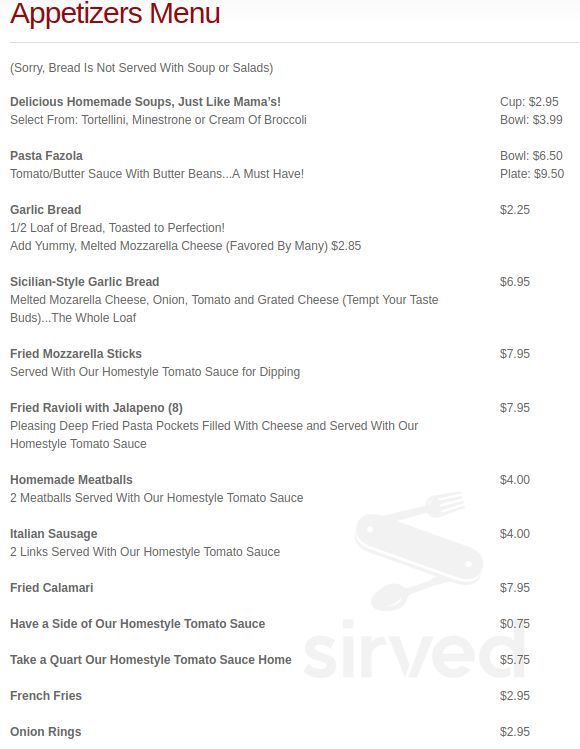 A Touch of Italy menu in Tonawanda, New York, USA