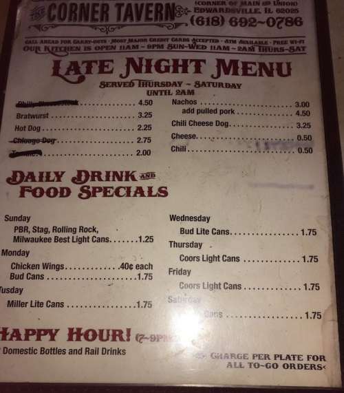 The Corner Tavern menu in Edwardsville, Illinois, USA