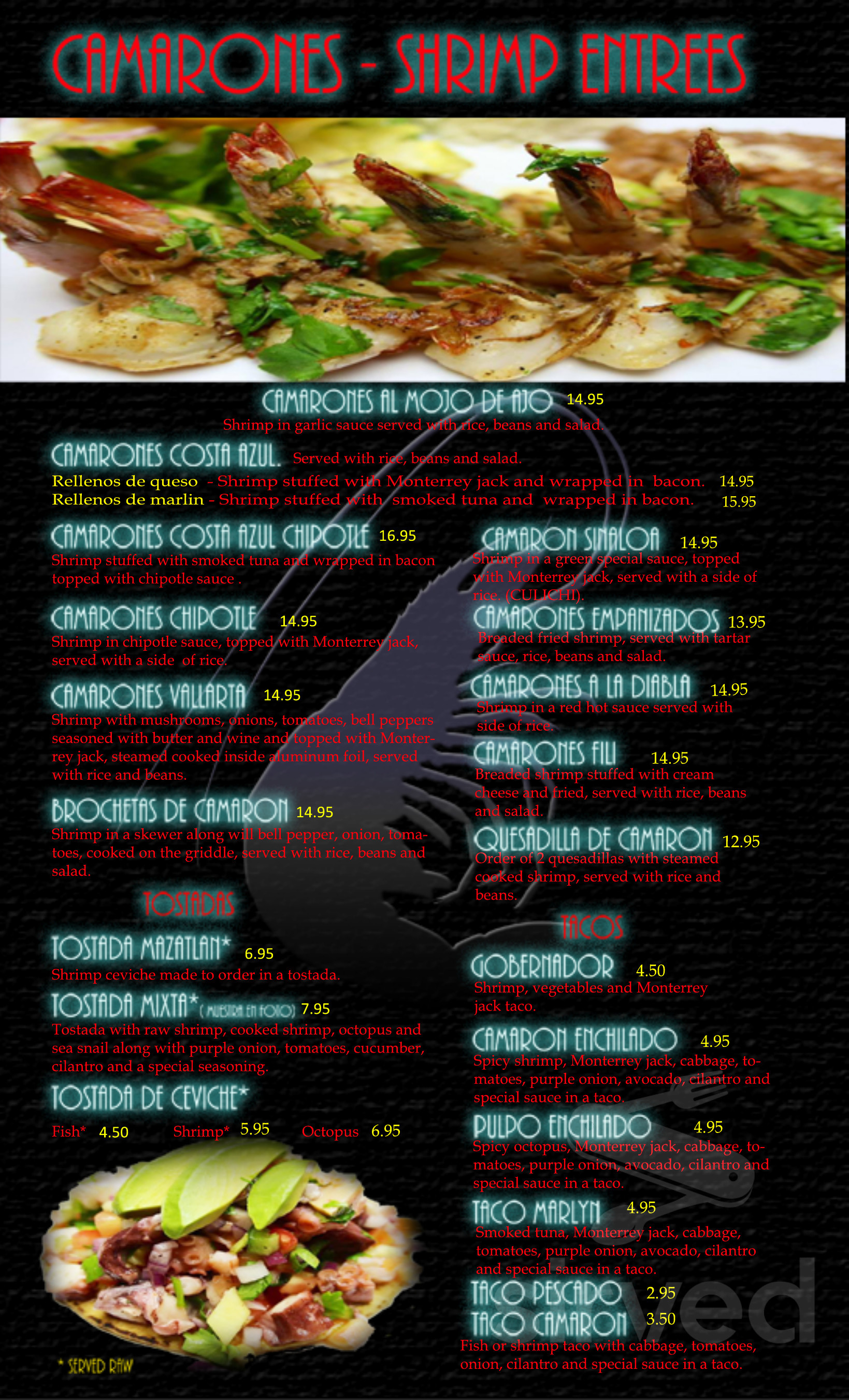 Menu - Escondido CA's El Camaron Escondido | Sirved
