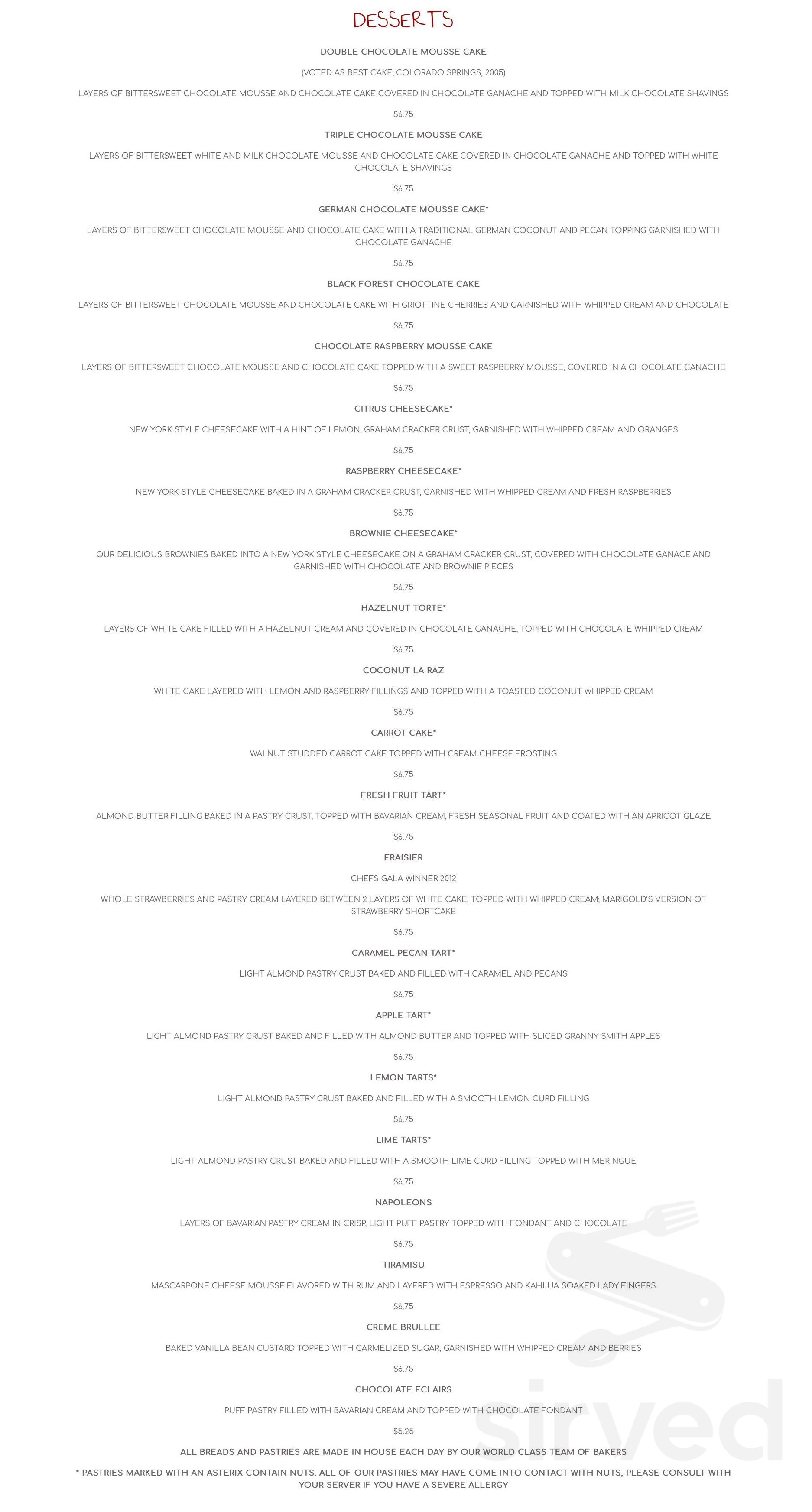 Marigold Cafe & Bakery menu in Colorado Springs, Colorado, USA