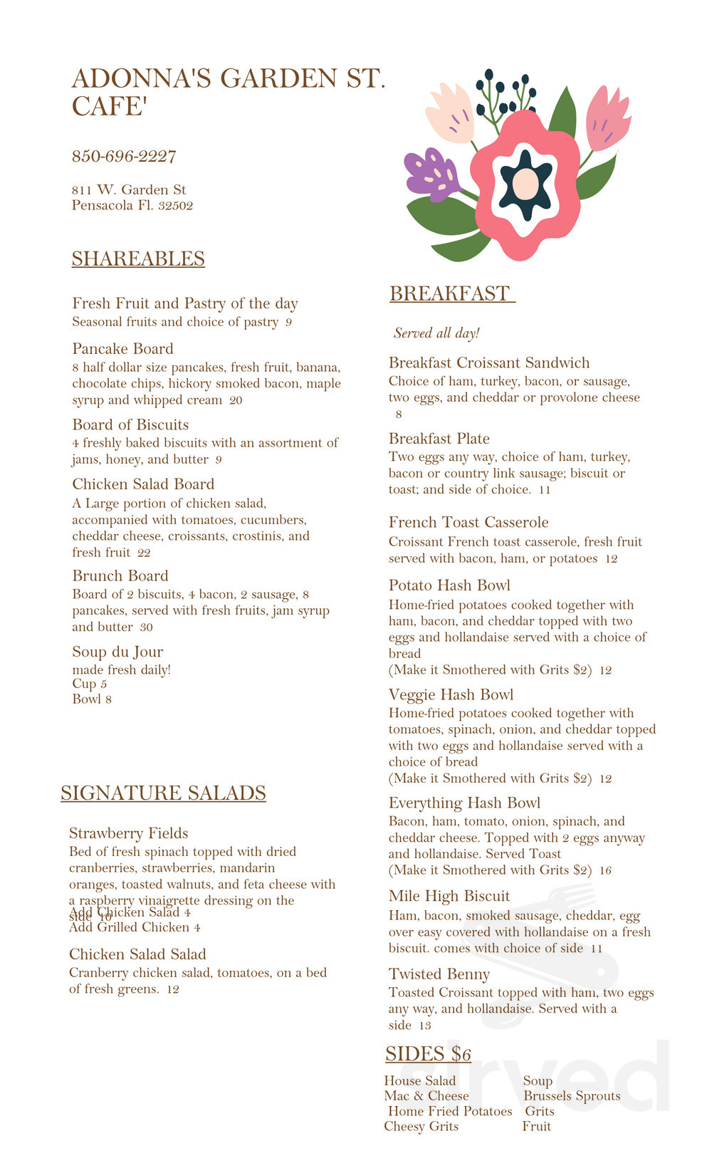 Adonna's Garden St Cafe and Bakery menu in Pensacola, Florida, USA