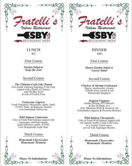 Fratelli's Italian Restaurant menu in Salisbury, Maryland, USA