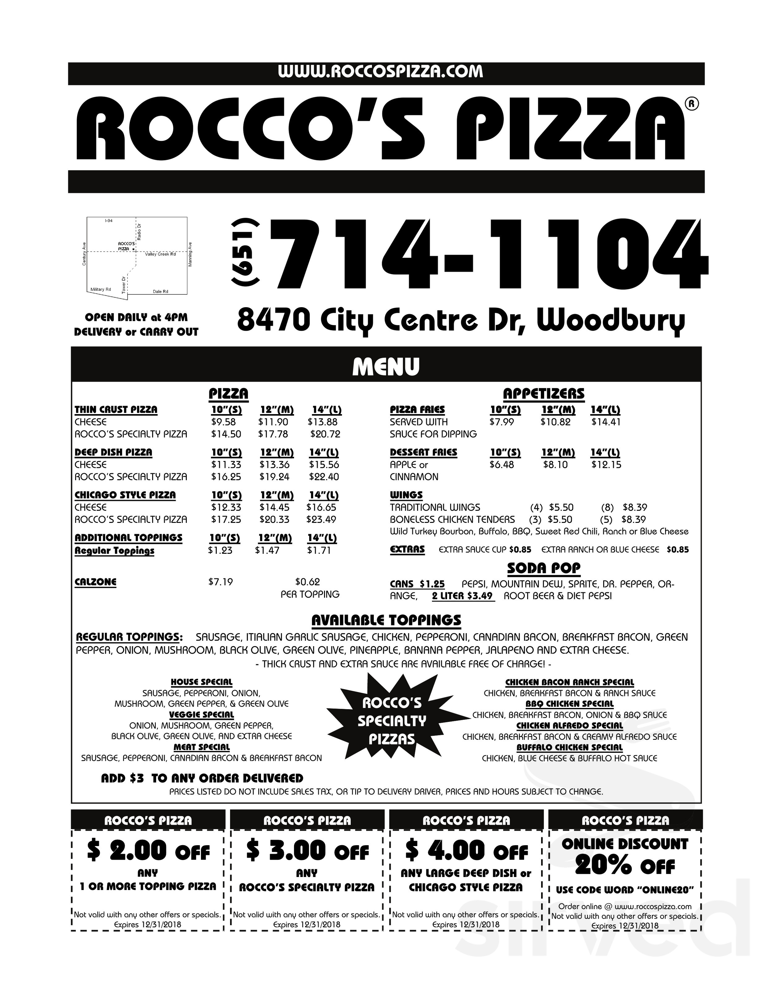 Rocco s Pizza Menu In Apple Valley Minnesota USA