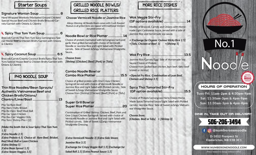 No.1 Noodle menu in Fredericton, New Brunswick, Canada
