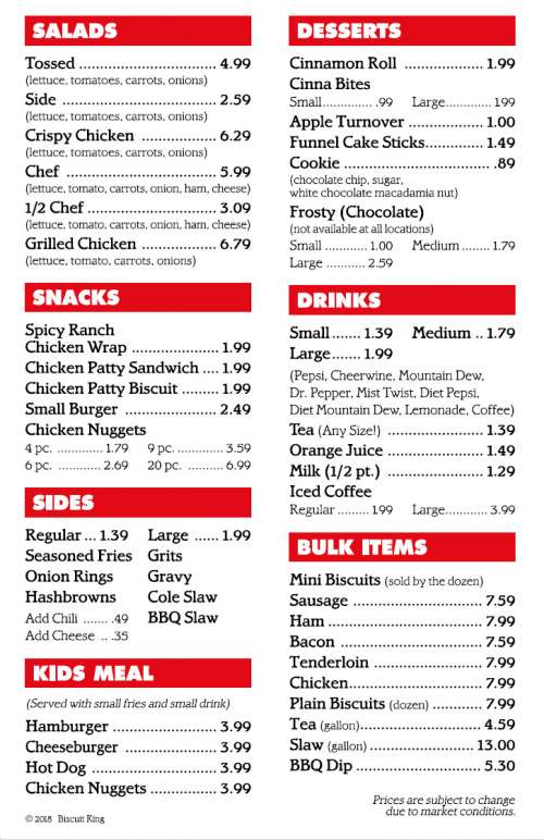 Biscuit King menu in Lexington, North Carolina, USA