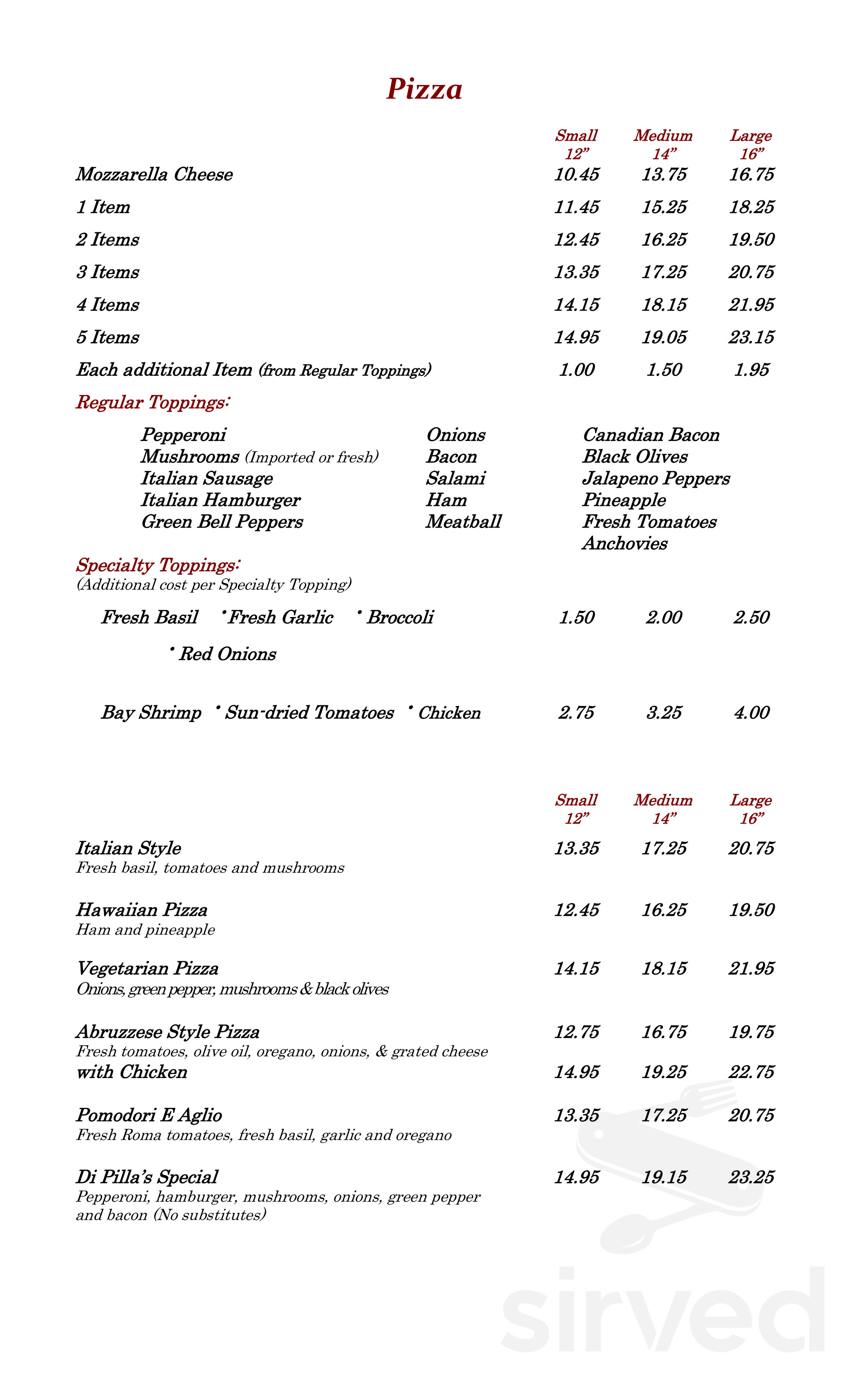 Di Pilla's Italian Restaurant menus in Rosemead, California, United States