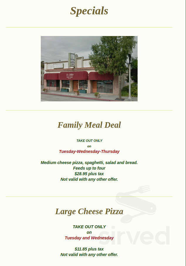 Menu for Di Pilla's Italian Restaurant in Rosemead, CA | Sirved