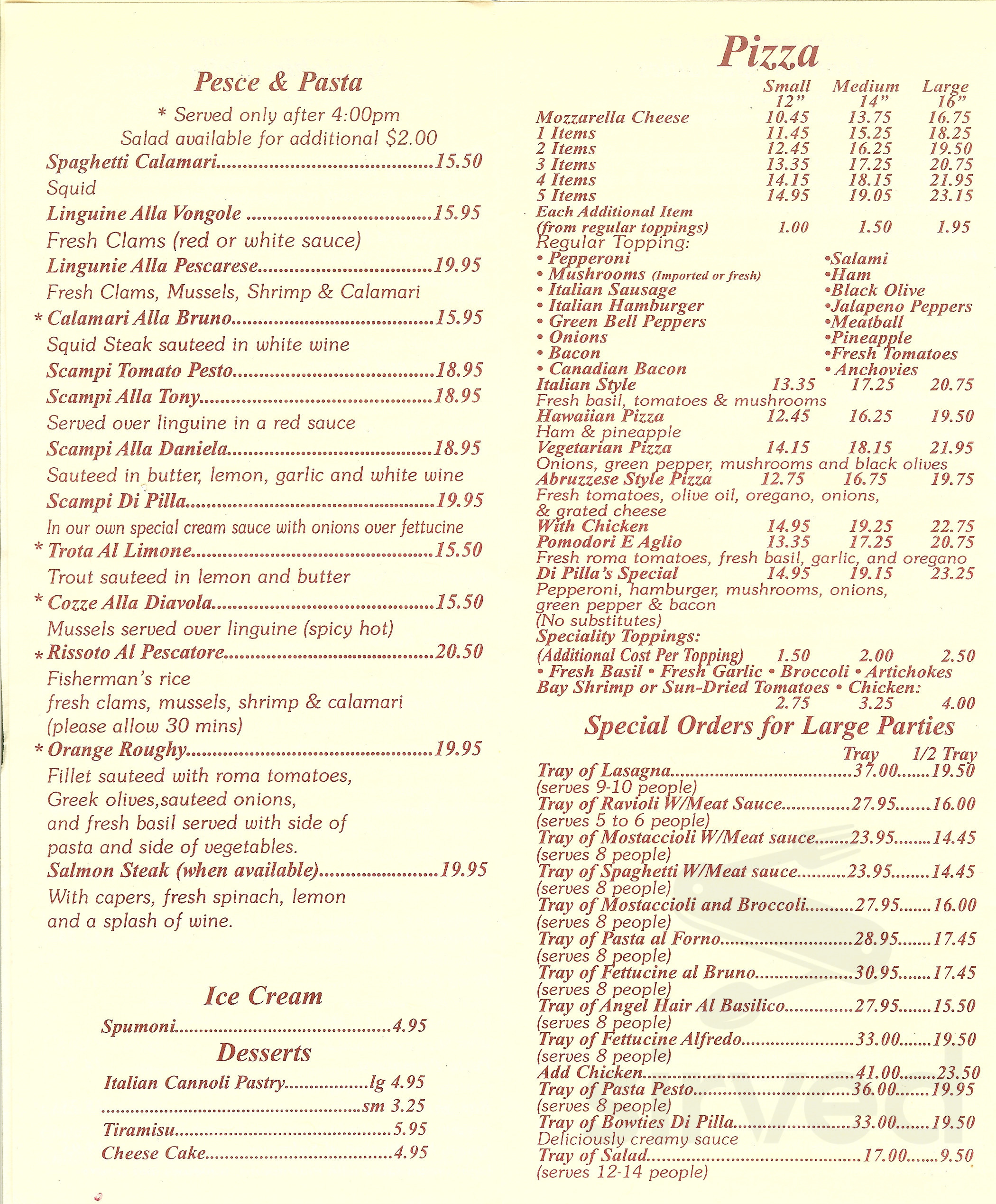 Di Pilla's Italian Restaurant menu in Rosemead, California, USA
