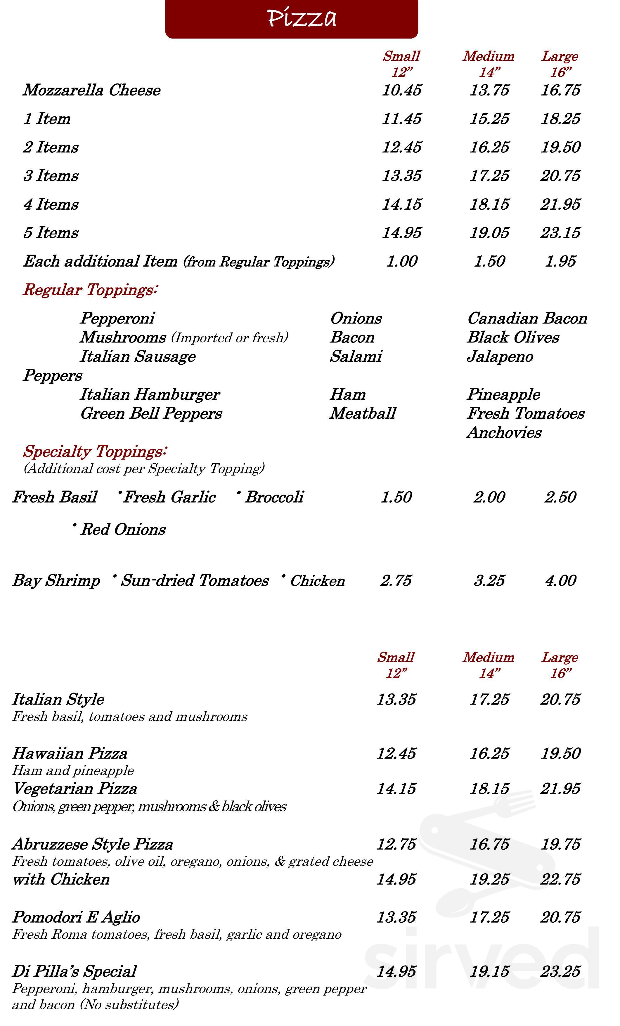 Menu - Rosemead CA's Di Pilla's Italian Restaurant | Sirved