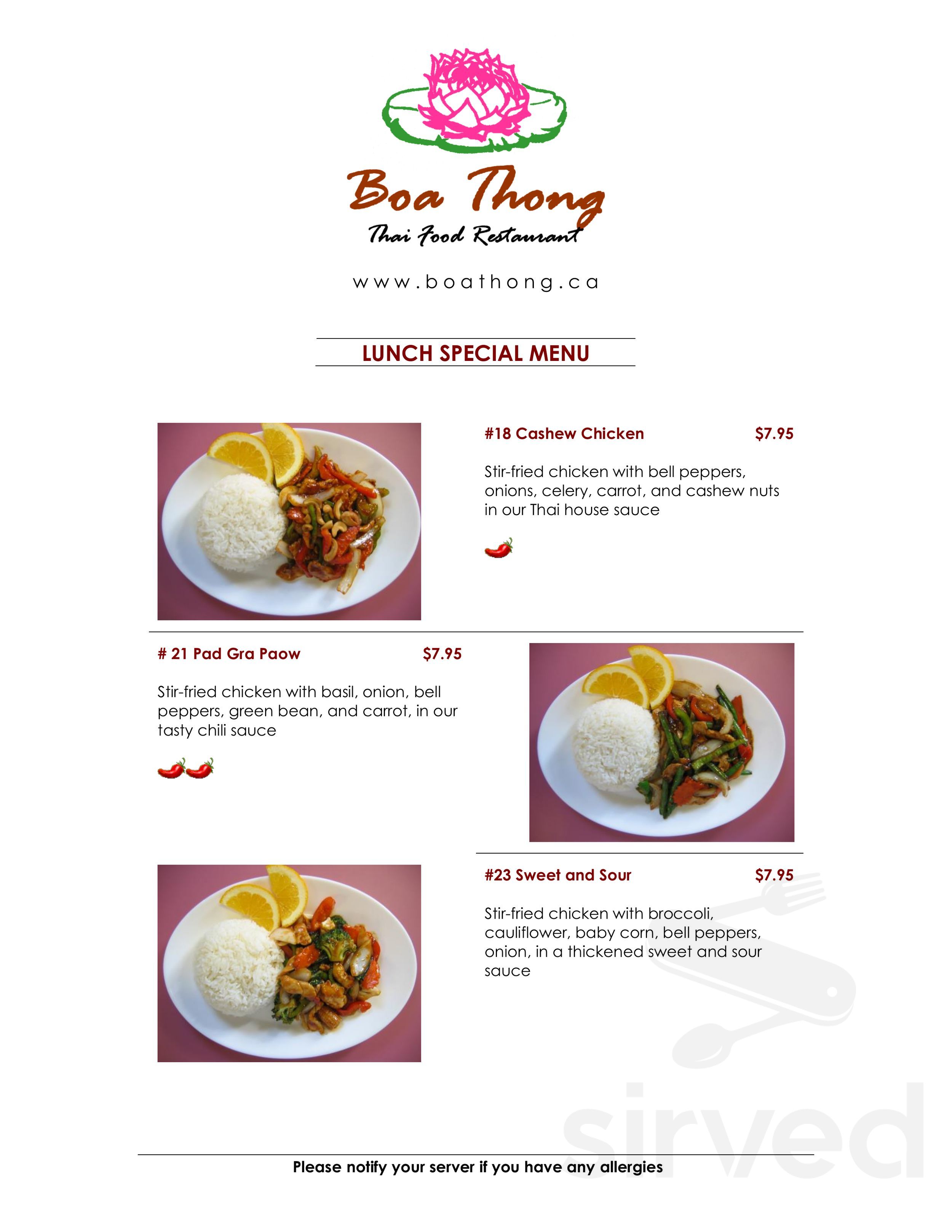 Boa-Thong Thai Food Restaurant menus in Vernon, British Columbia, Canada
