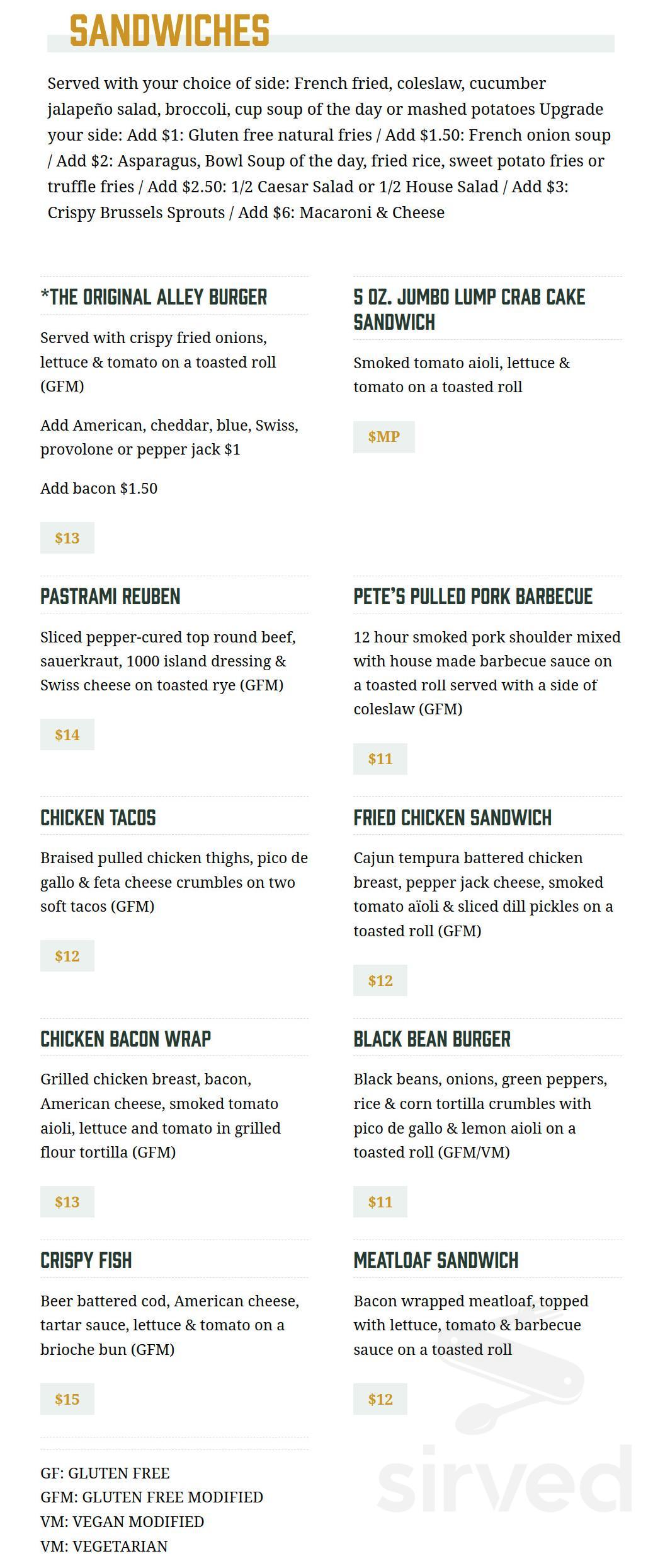 Brewer's Alley menu in Frederick, Maryland, USA
