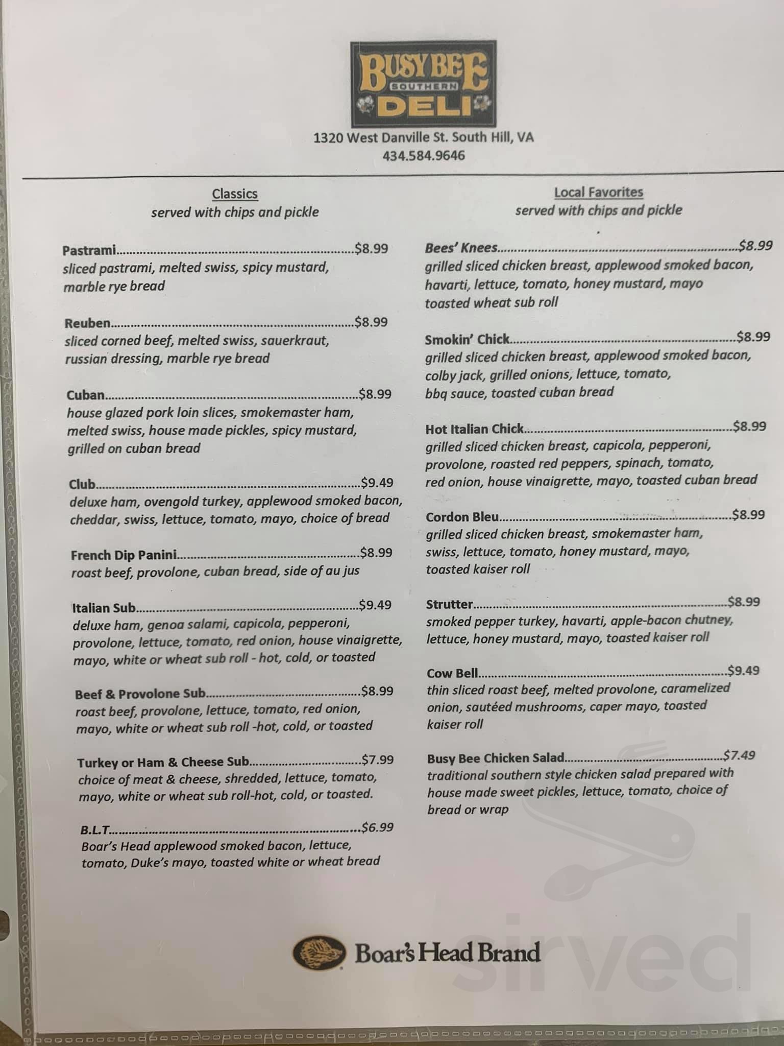 Menu for Busy Bee Southern Deli in South Hill, VA | Sirved