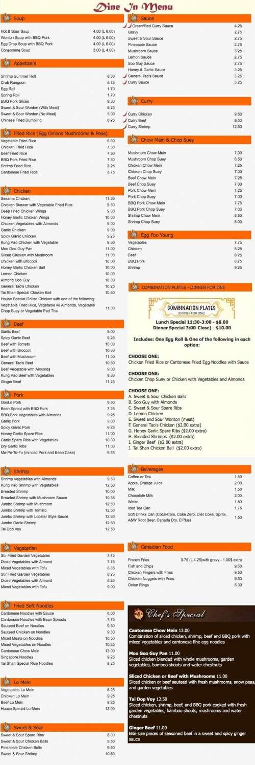 Tai Shan Express menu in Simcoe, Ontario, Canada