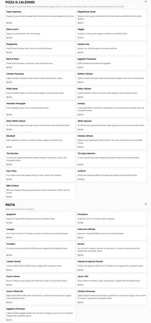 Oscar's Restaurant menu in Knoxville, Tennessee, USA