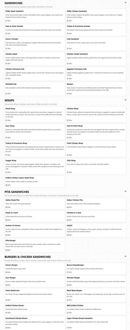 Oscar's Restaurant menu in Knoxville, Tennessee, USA