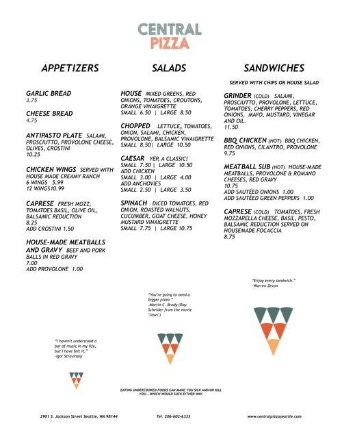 Central Pizza menu in Seattle, Washington, USA