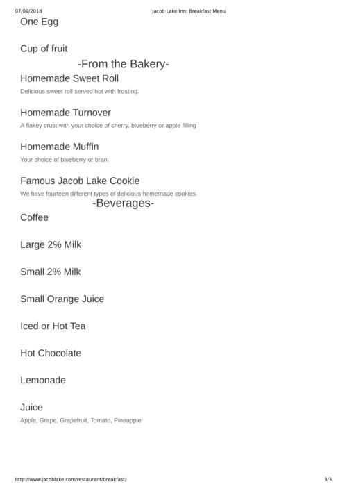 Jacob Lake Inn menu in Fredonia, Arizona, USA