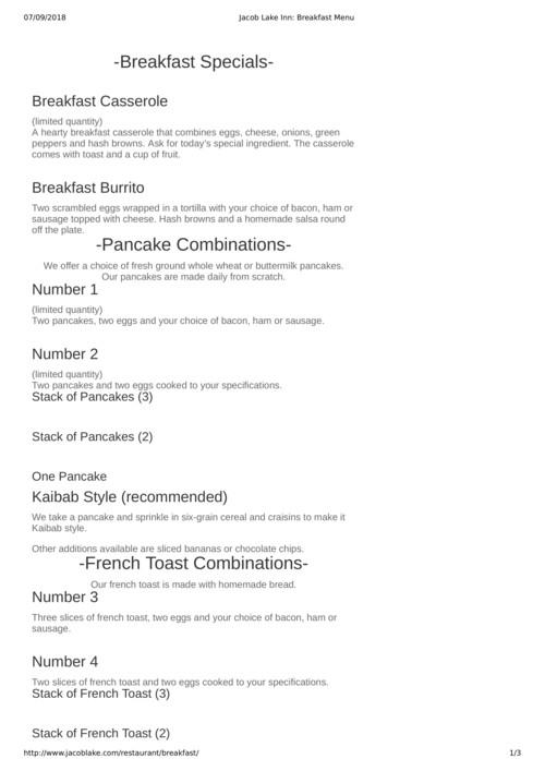 Jacob Lake Inn menu in Fredonia, Arizona, USA