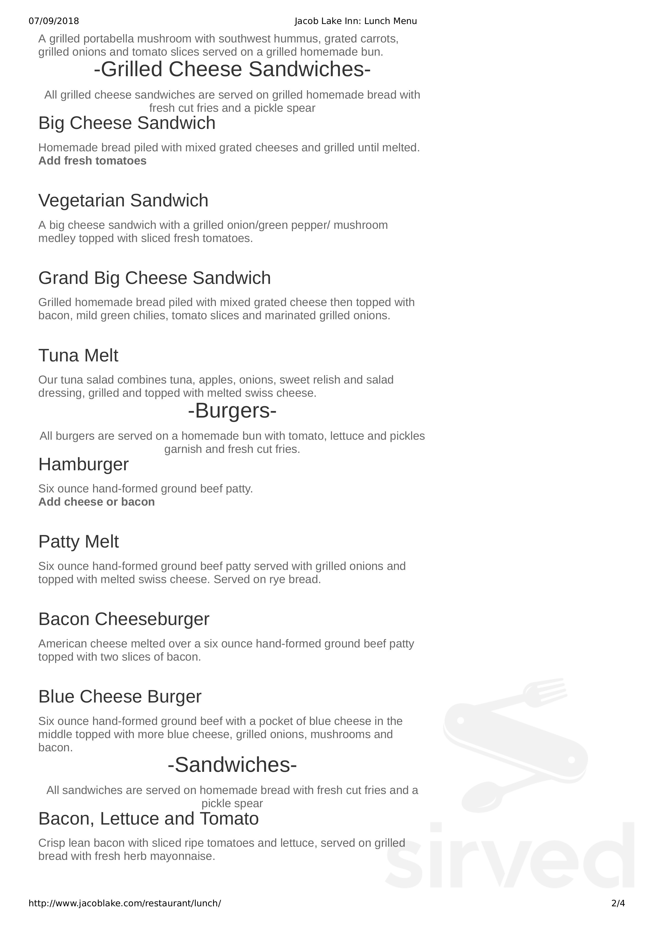 Jacob Lake Inn menu in Fredonia, Arizona, USA