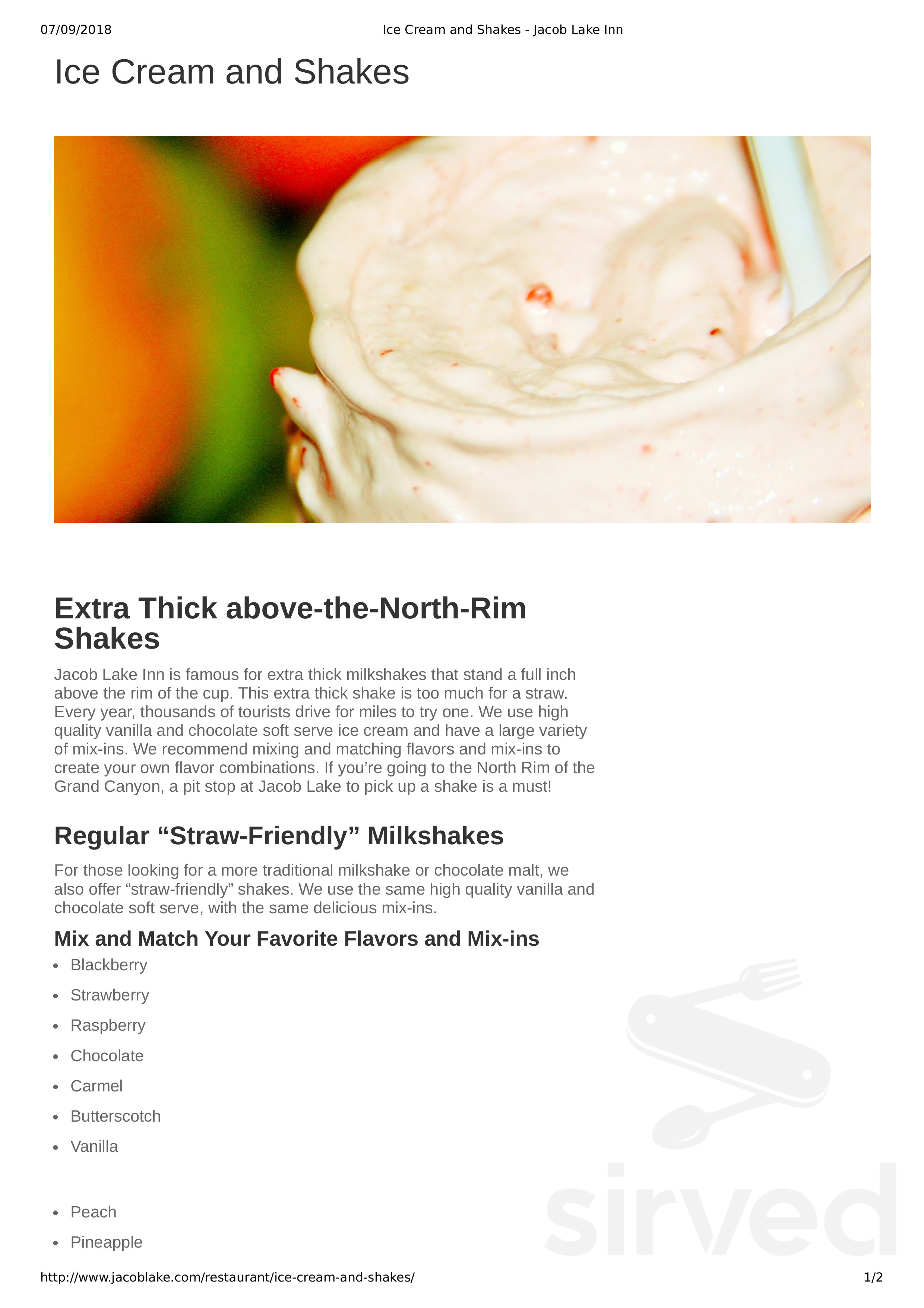 Jacob Lake Inn menu in Fredonia, Arizona, USA