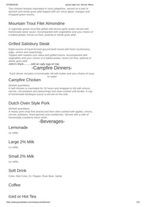 Jacob Lake Inn menu in Fredonia, Arizona, USA