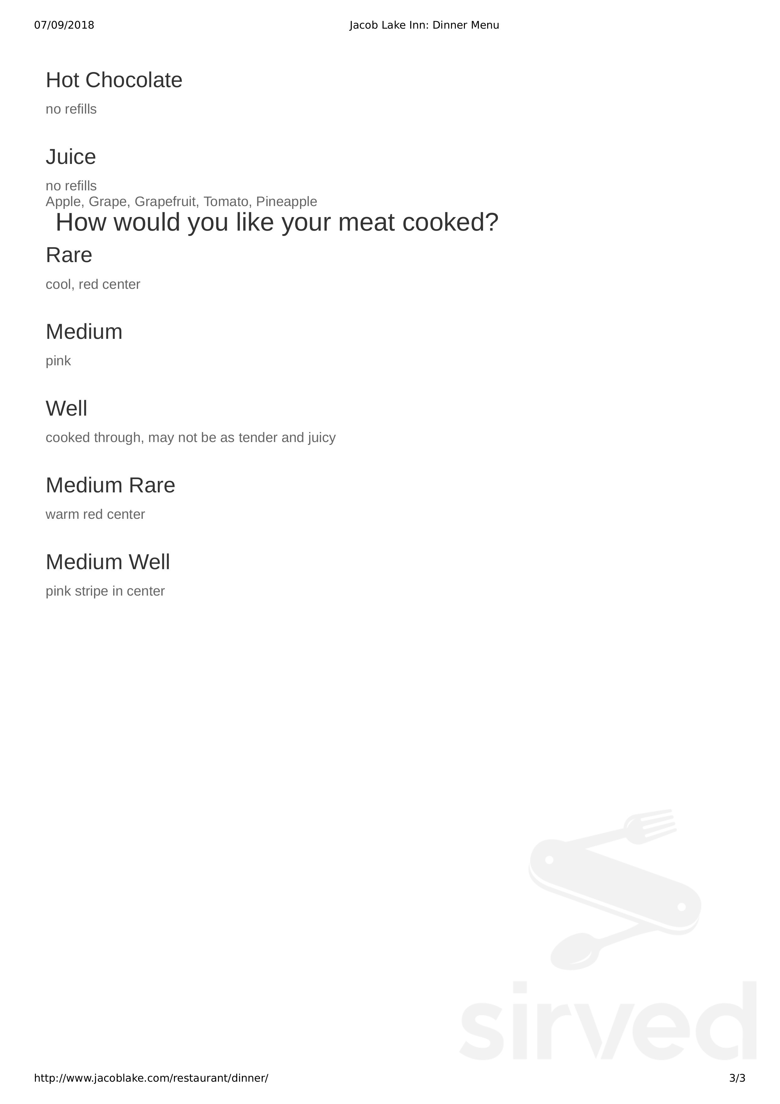 Jacob Lake Inn menu in Fredonia, Arizona, USA