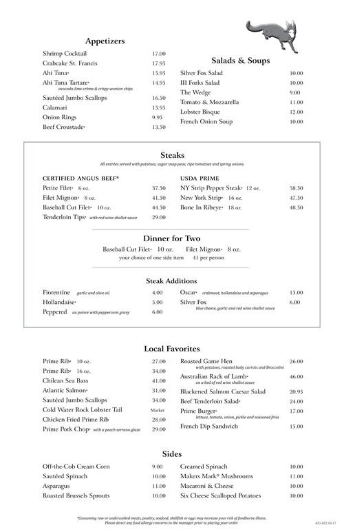 III Forks menu in Frisco, Texas, USA