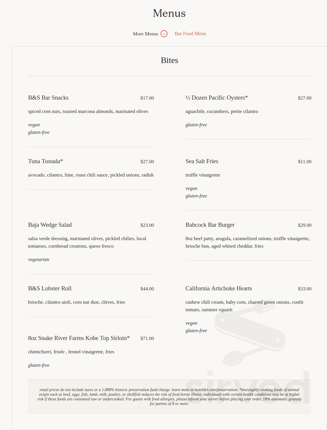 Babcock & Story Bar menu in Coronado, California, USA