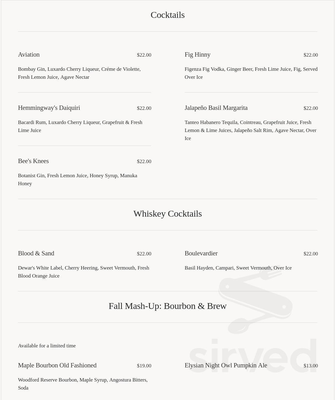 Babcock & Story Bar menu in Coronado, California, USA