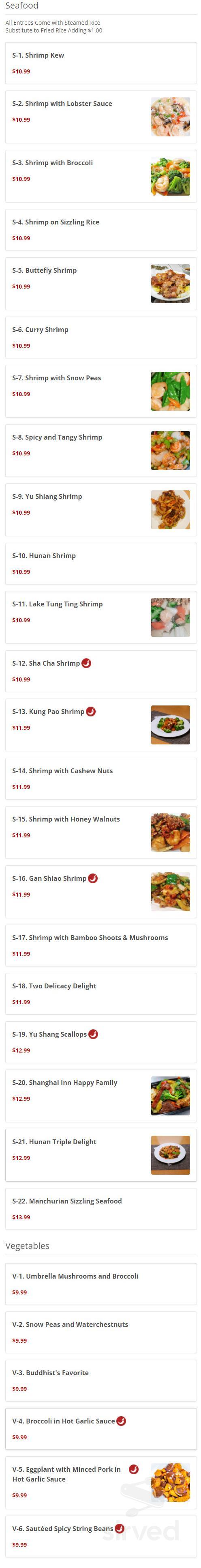 Shanghai Inn Chinese Restaurant menu in Houston, Texas, USA