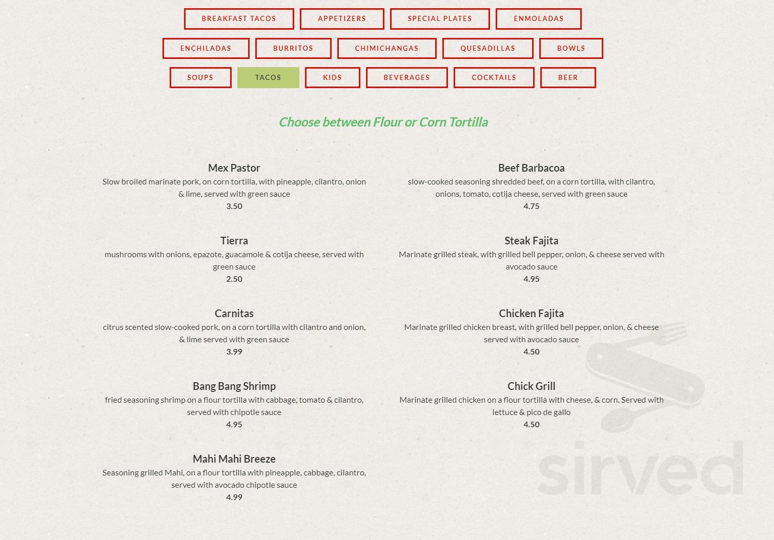 Taco Margarita menu in Austin, Texas, USA