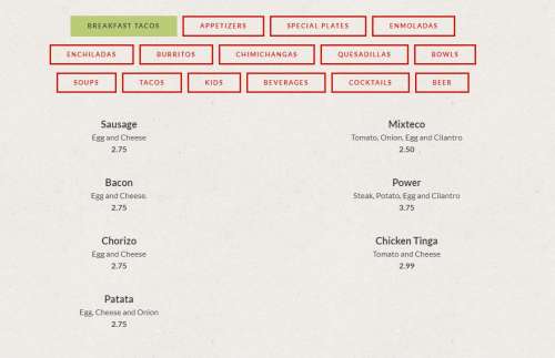 Taco Margarita menu in Austin, Texas, USA