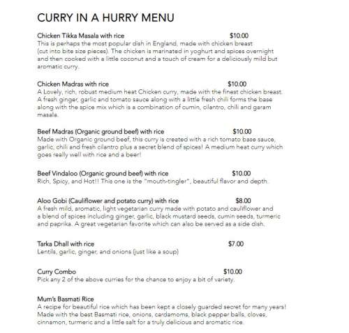 Curry in a Hurry (Food Truck) menu in Richmond, Virginia, USA