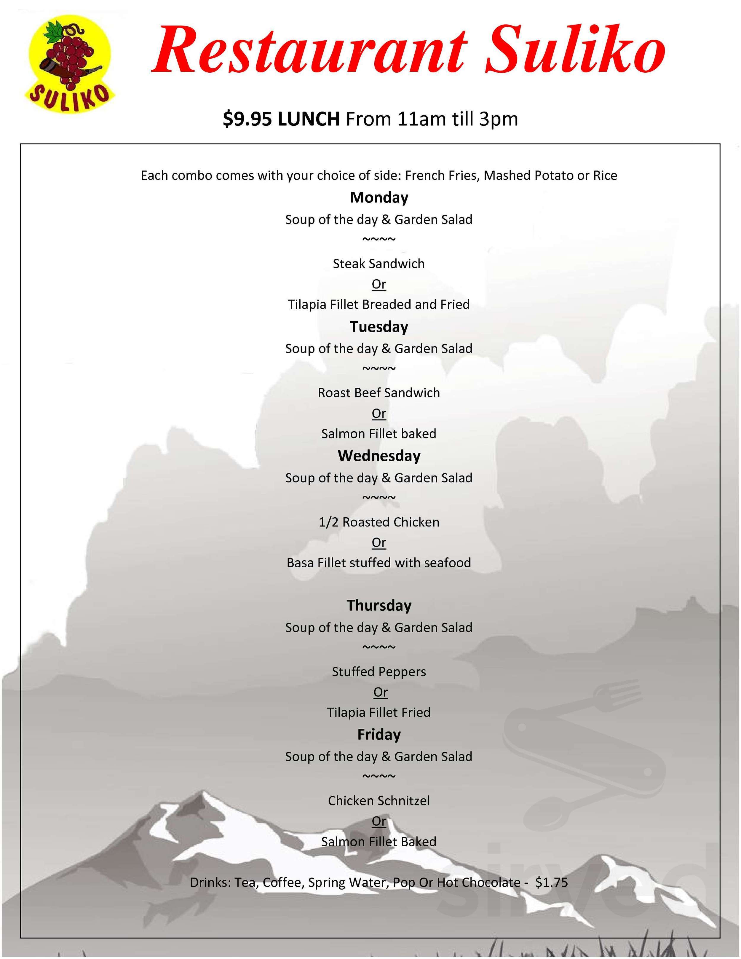 Suliko Restaurant menu in Concord, Ontario, Canada