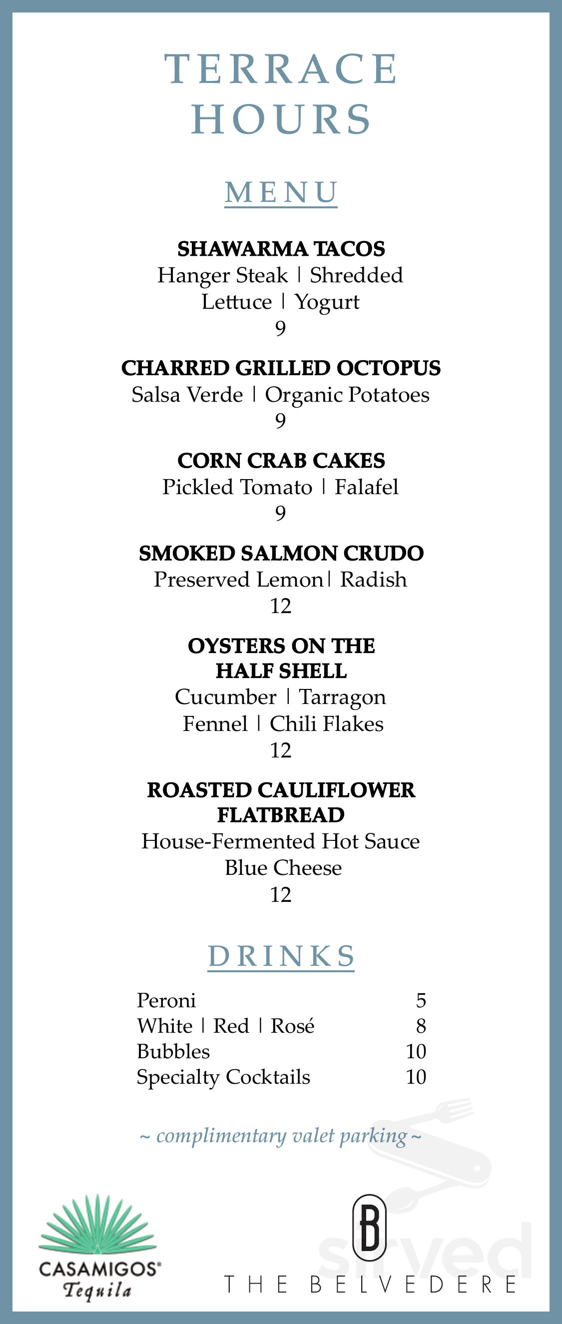 The Belvedere menu in Beverly Hills, California, USA