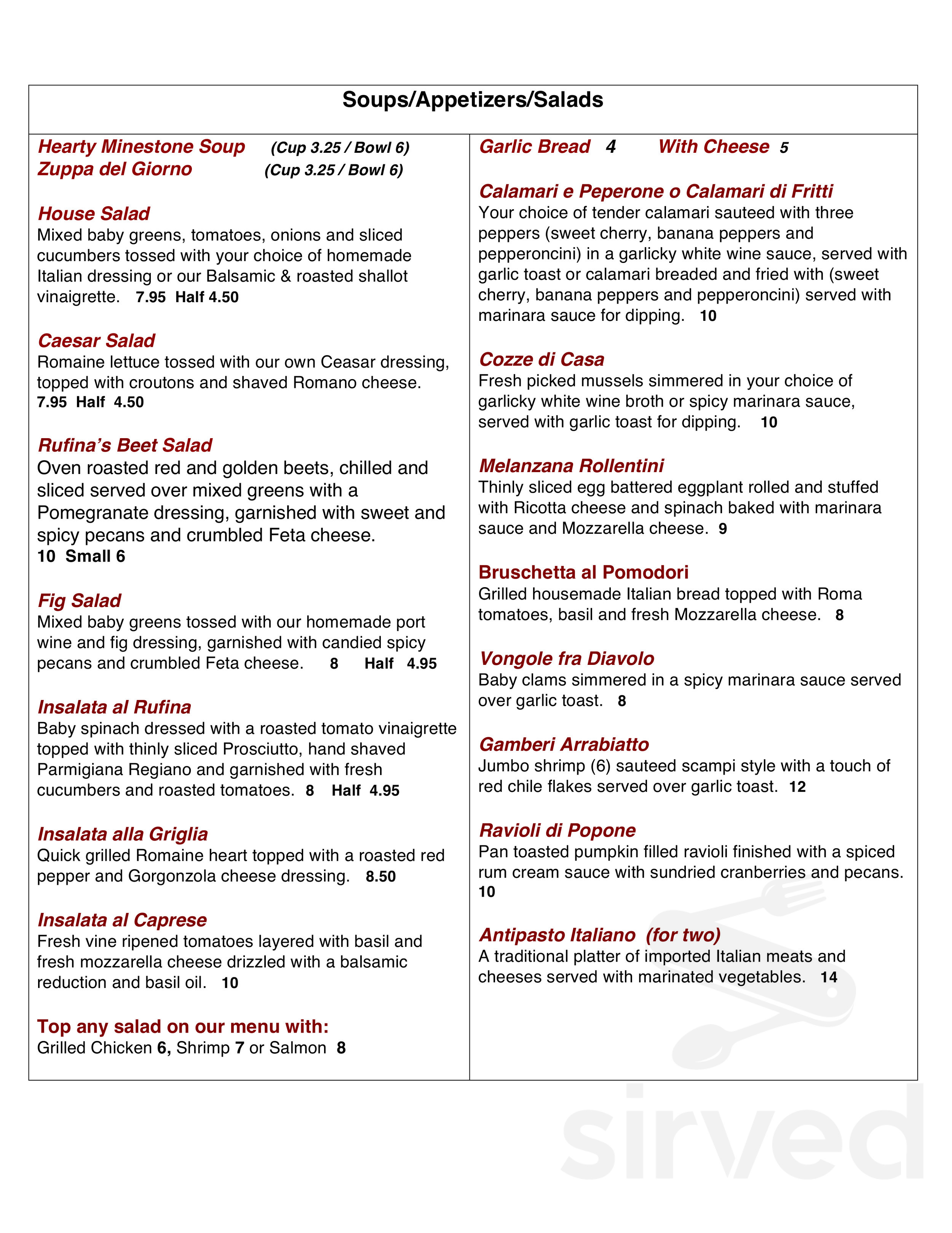 Rufina's menu in Chelmsford, Massachusetts, USA