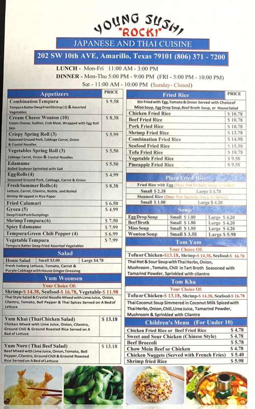 Young Sushi "Rocks!" menu in Amarillo, Texas, USA
