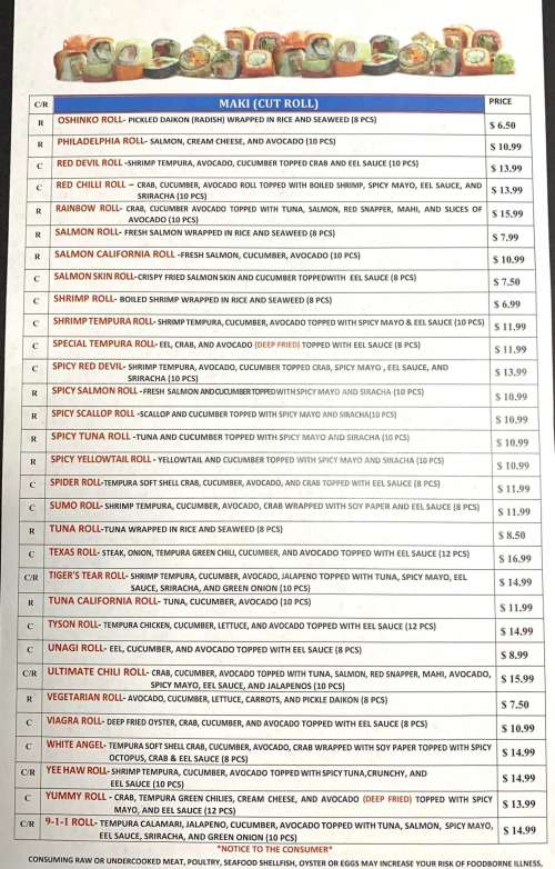 Young Sushi "Rocks!" menu in Amarillo, Texas, USA